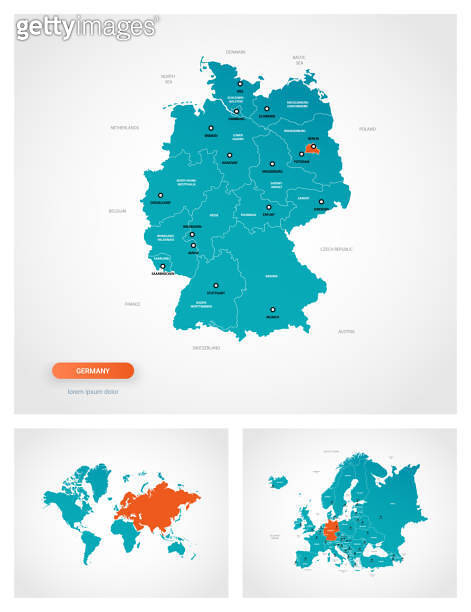 Editable template of map of Germany with marks. Germany on world map ...