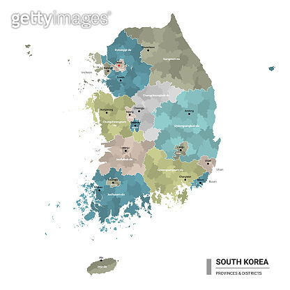 South Korea higt detailed map with subdivisions. Administrative map of ...