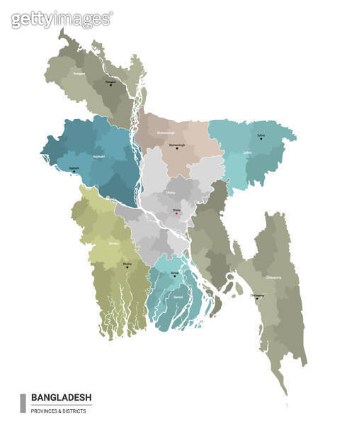 Bangladesh higt detailed map with subdivisions. Administrative map of ...