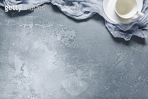 Empty tea cup and blue cloth on old surface background 이미지 (1283800308 ...
