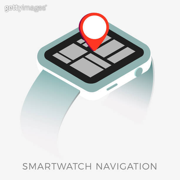 Smartwatch navigation with map, route and pin on the watch screen ...