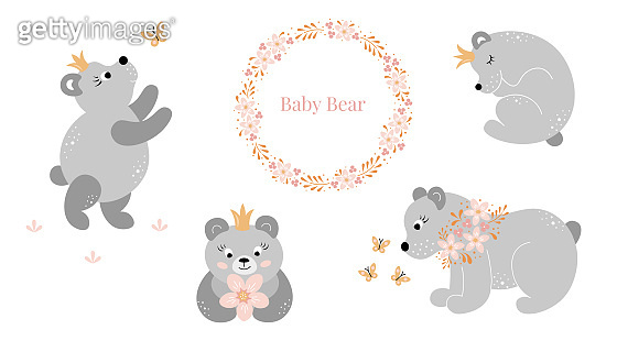 Childish collection with cute baby bear. Little princess. Floral ...