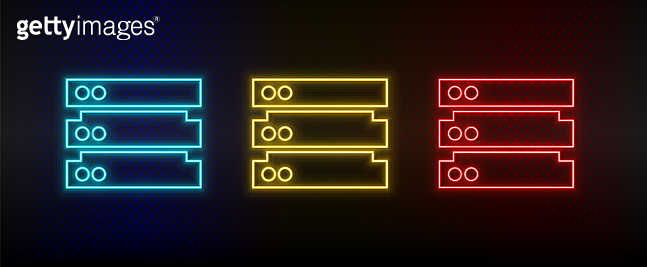 Neon icons. Database server. Set of red, blue, yellow neon vector icon ...
