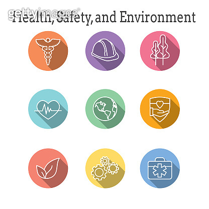 Health Safety and Environment Icon Set with medical, safety, & leaves ...