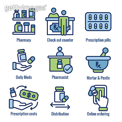 Pharmaceuticals and medication icon set with mortar and pestle ...
