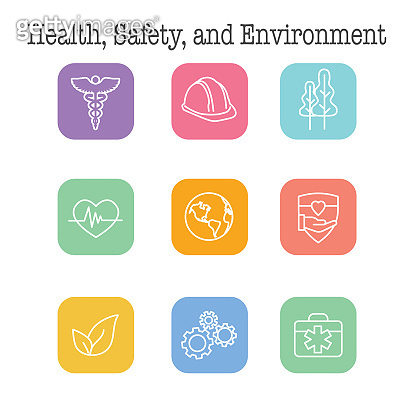 Health Safety and Environment Icon Set with medical, safety, & leaves ...