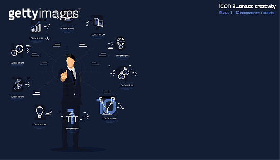 Businessman pointing finger forward - Icon Business creativity - Steps ...