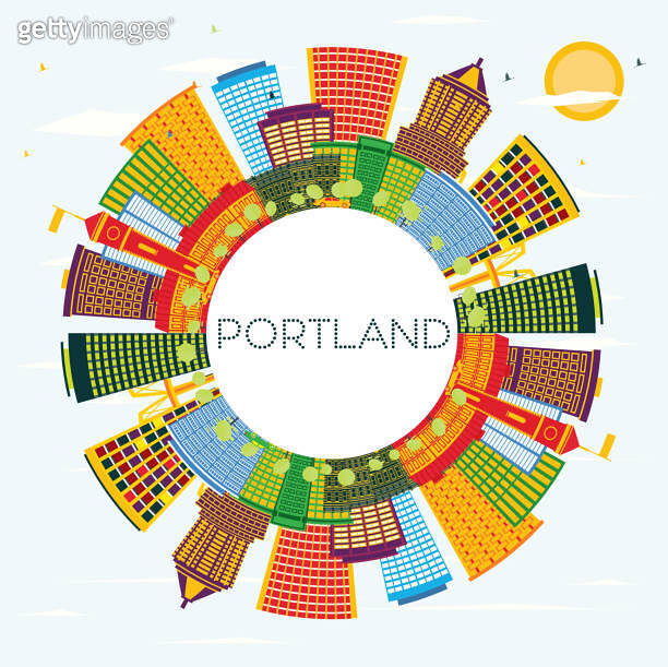 Portland Oregon City Skyline with Color Buildings, Blue Sky and Copy ...