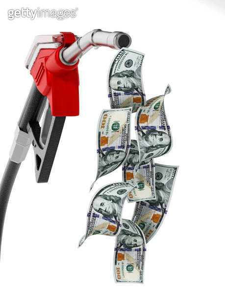 Stack of flowing Dollar bills at the tip of fuel pump 이미지 (1262295867) - 게티이미지뱅크
