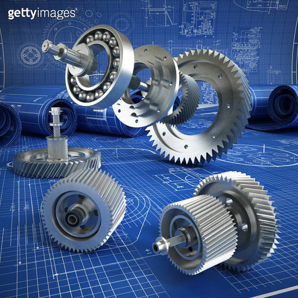 Blueprints and 3D metal machine parts. Mechanical engineering concept ...