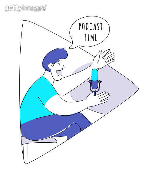 Radio host doodle drawing. Female podcaster speaking to mic microphone ...