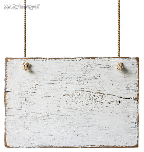 Old weathered white teak wood sign/signboard panel hanging by old ropes ...