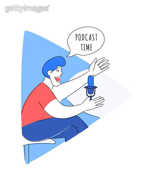 Radio host doodle drawing. Female podcaster speaking to mic microphone ...