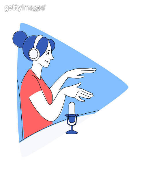 Radio host doodle drawing. Female podcaster speaking to mic microphone ...