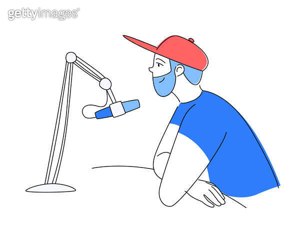 Radio host doodle drawing. Female podcaster speaking to mic microphone ...