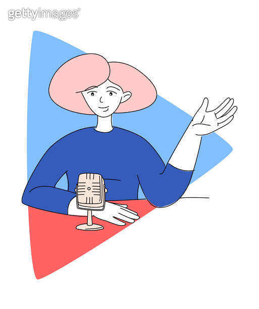 Radio host doodle drawing. Female podcaster speaking to mic microphone ...