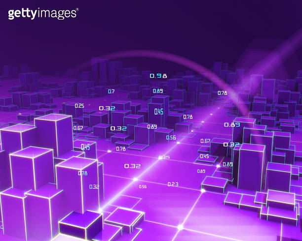 3D abstract infographic with blue wireframe boxes and blurred lines ...