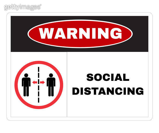 Prevention signs, PHYSICAL DISTANCING Sign on Caution board with ...