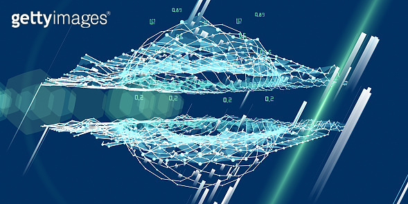 3D illustration polygonal sphere on grid data. Analytics algorithms banner for science ...