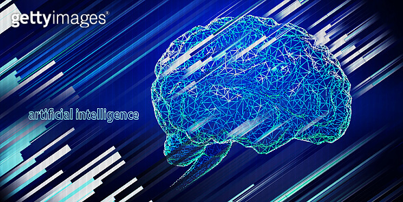 AI. Abstract background with wire brain and code in lines. Artificial ...