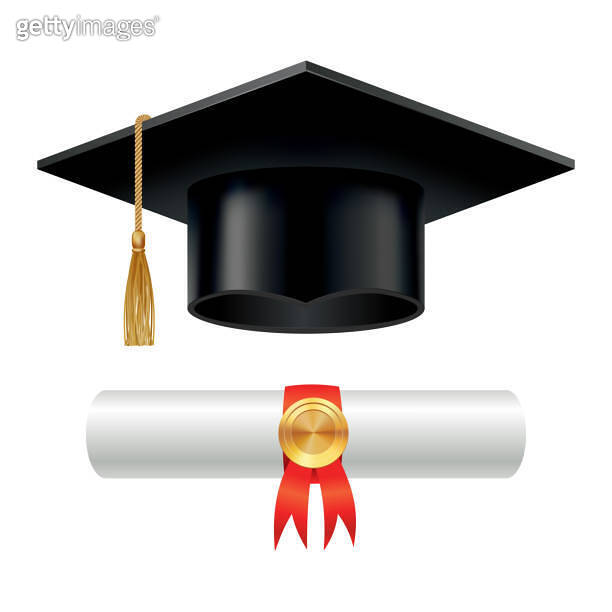 Graduation cap and rolled diploma scroll with stamp. Finish education ...