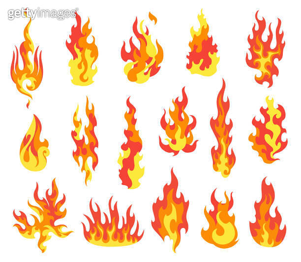 Set of red and orange fire flame. Flames of different shapes. Fireball ...