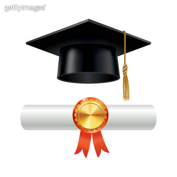 Graduation cap and rolled diploma scroll with stamp. Finish education ...