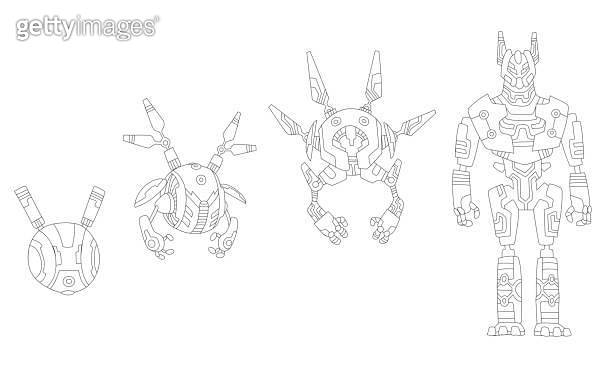 Robot sketchs. Line drawing evolution of robots concept. Vector ...
