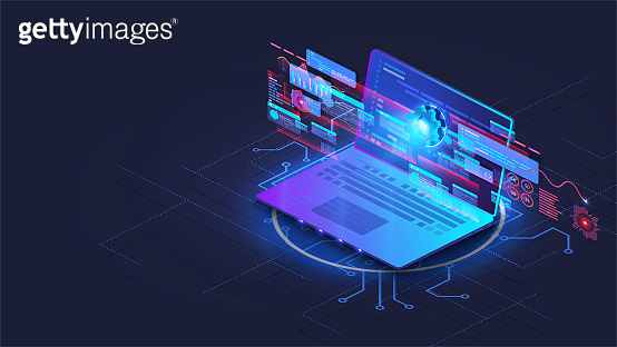 Isometric application of laptop with business graph, analytics data ...