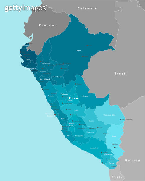 Vector illustration. Simplified administrative map of Peru. Blue ...