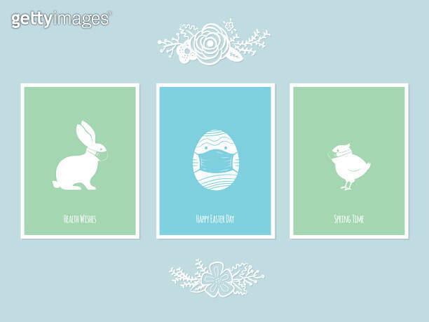 Set of spring cards. Happy Easter Quarantine. Stay home. Bunny, bird ...