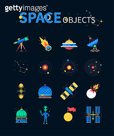 Space objects - colorful flat design style icons 이미지 (1256326995) - 게티이미지뱅크