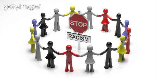 Colorful human figures holding hands in circle, stop racism sign and ...