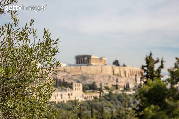 Athens, Greece. Acropolis and Parthenon temple defocused view, olive ...