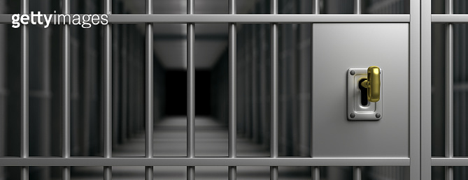 Prison interior. Jail cells and shadows, dark background. 3d ...