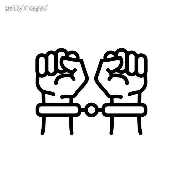 Handcuffs, manacles or shackles icon. Chained, handcuffed hands, vector ...