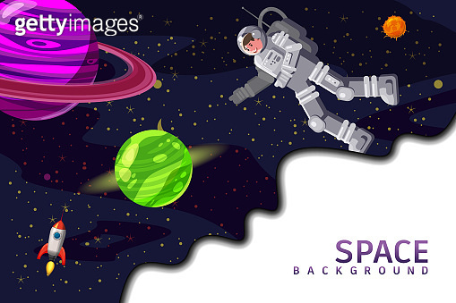 Space card background with spaceman, rocket, sun, planets, stars ...