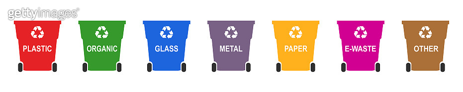 Separation of waste on garbage cans for recycling. Multicolored baskets ...