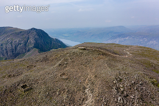 Aerial view of hikers on the summit of Scafell Pike - England's tallest ...