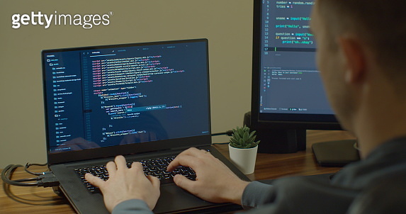 Closeup coding on screen, Man hands coding html and programming on ...