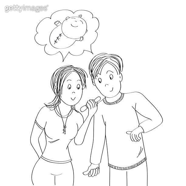 Happy young couple looking at the positive pregnancy test, imagining ...