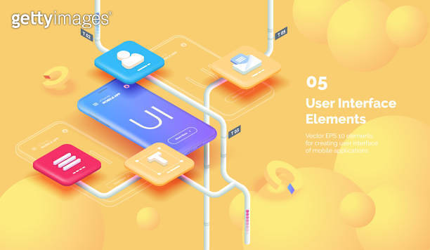 Modern mobile app user interface concept. 3D Smartphone on a yellow ...