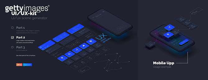 Toolkit-UI/UX scene creator. Part 2 Mobile application design. Smartphone mockup with active ...