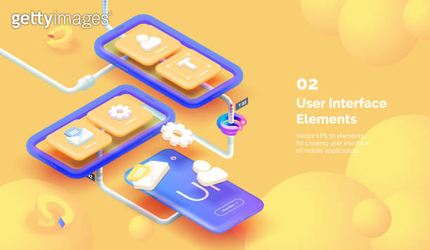 Modern mobile app user interface concept. 3D Smartphone on a yellow ...