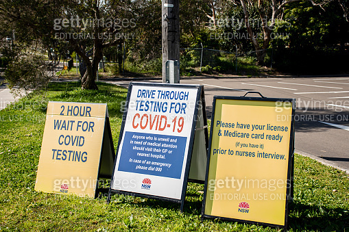 COVID-19 drive through testing clinic sign. 2 hours wait for testing ...