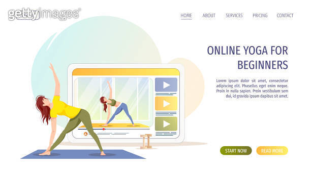 Tablet screen with video of woman doing yoga exercises on the mat ...