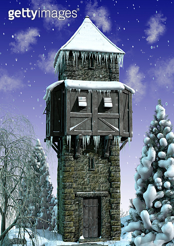 Winter scenario with an overlook, trees, and snow. 이미지 (1219517296 ...