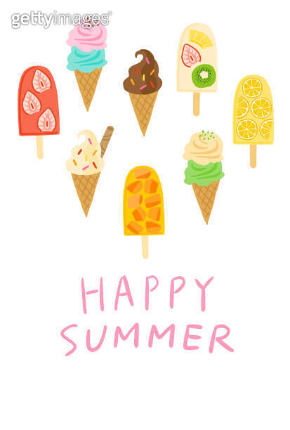 summer greeting card. Ice cream and fresh fruit ice cube set 이미지 ...