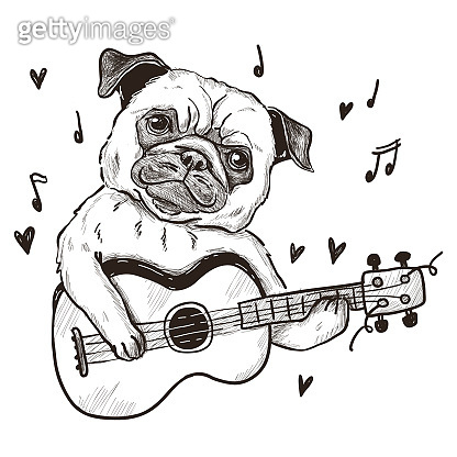 pug dog playing guitar illustration, hand drawn sketch design print ...