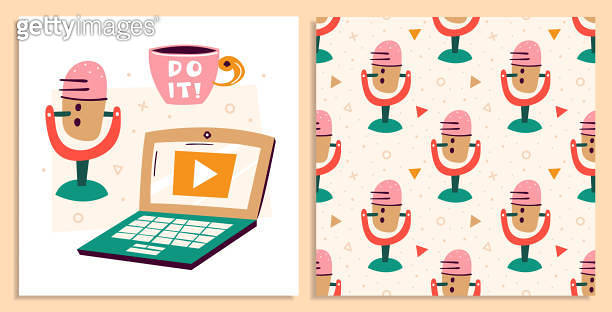 Blogging, vlogging set. Filming items. Microphone, laptop, cup of ...
